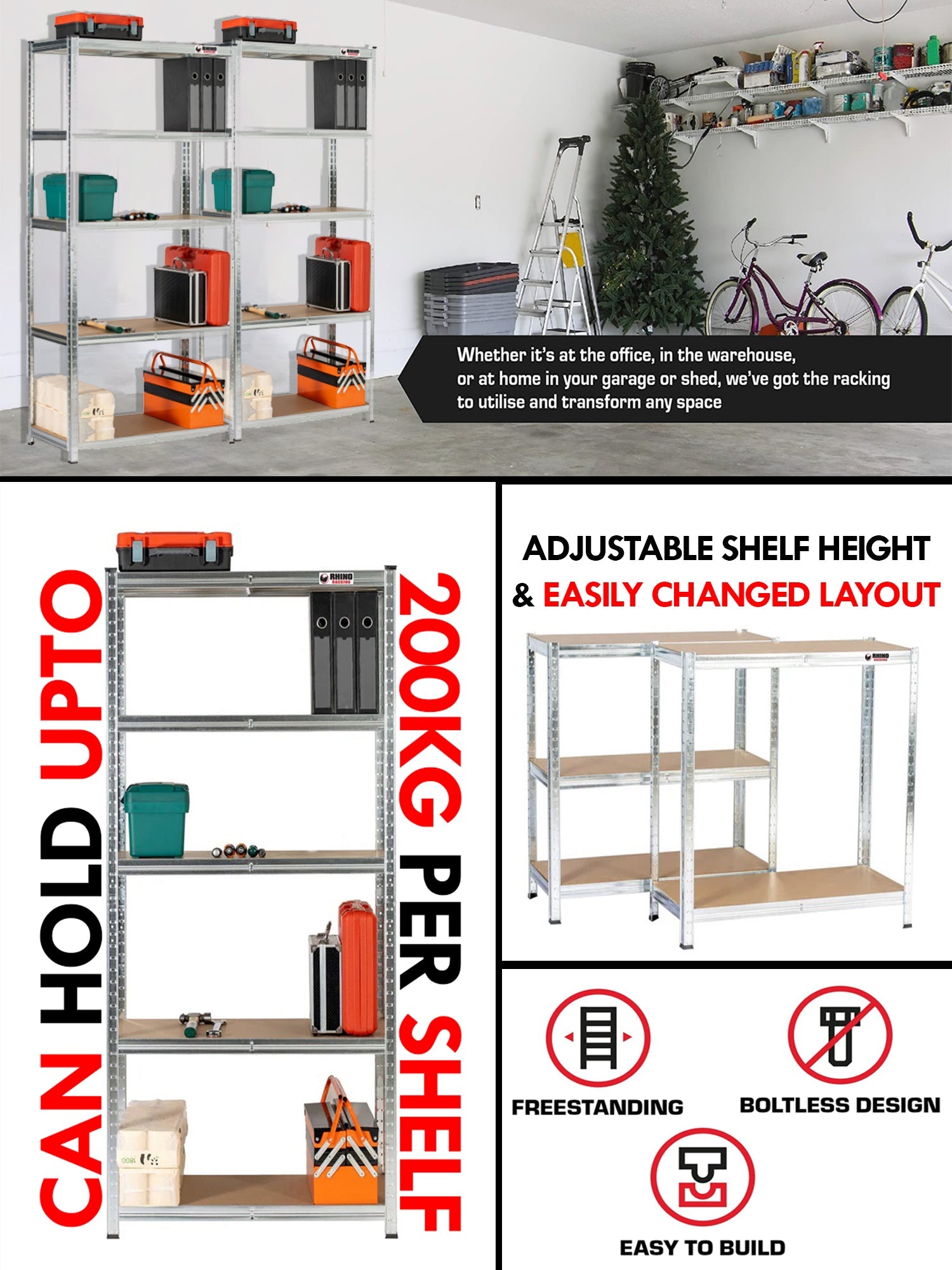 Rhino Racking 180x90x40cm 5 Tier Storage Shelving 200Kg Galvanised x 2 ...